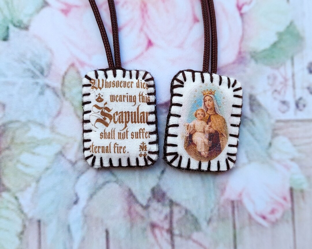 Tiny Brown Scapular With Our Lady of Mount Carmel and Promise Scapular ...