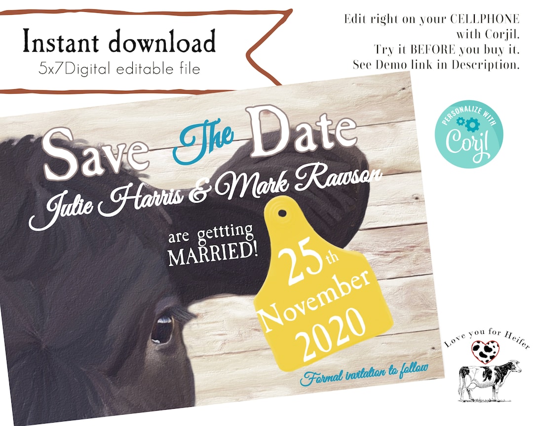 Angus Cow Tag the Date | Save the Date | Cow Wedding Invitation ...
