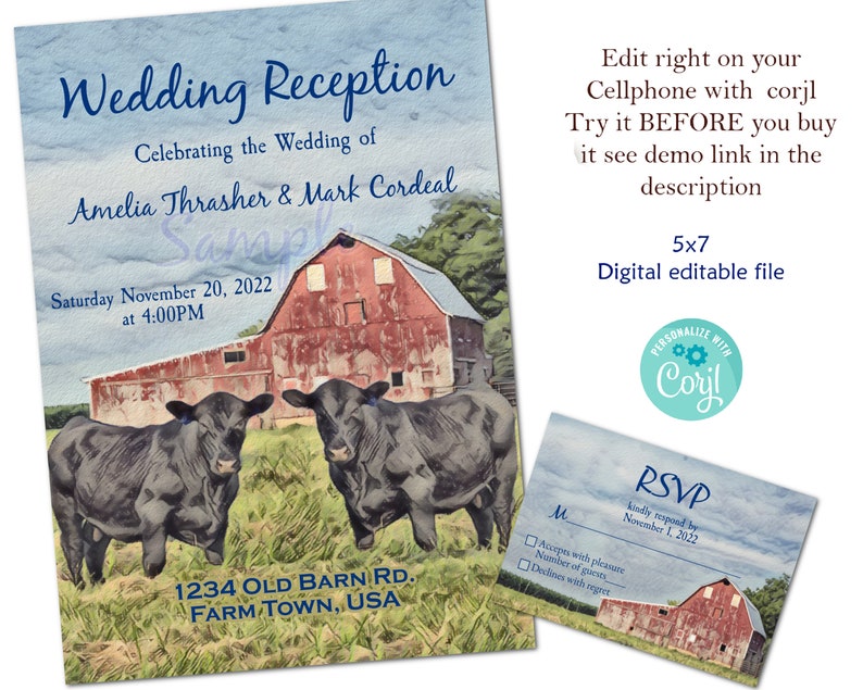 Angus Cow Party Invitation and Response Card. an Editable Digital ...