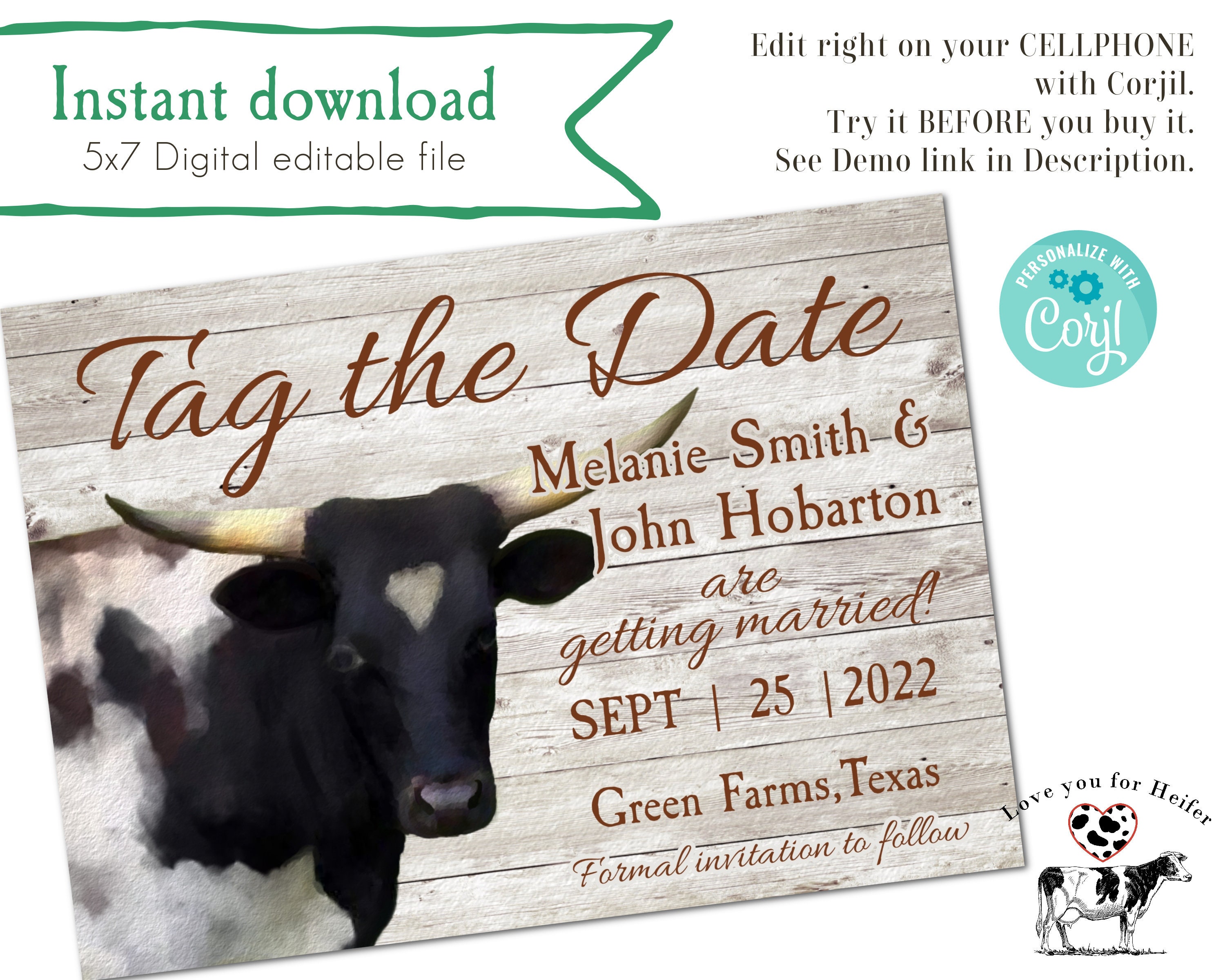 Longhorn Cow Tag the Date | Save the Date | Cow Wedding Invitation ...