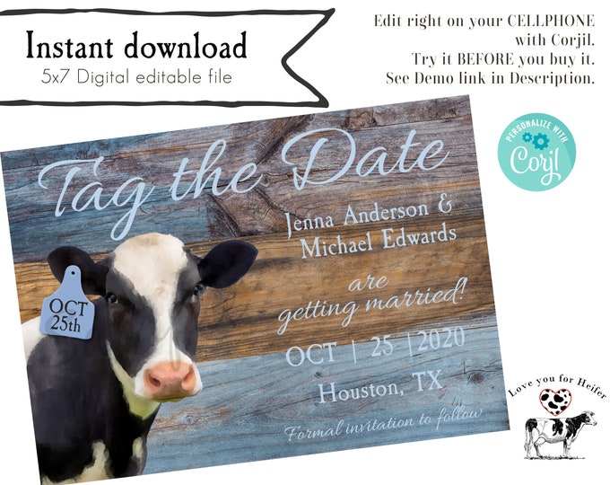 Black and White Holstein Cow Tag the Date. A Cowboy Wedding - Etsy
