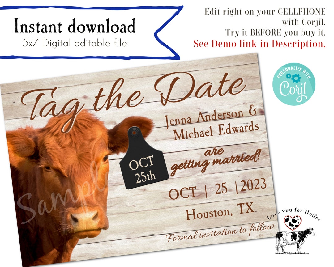 Red Angus Cow Tag the Date | Save the Date | Cow Wedding Invitation ...