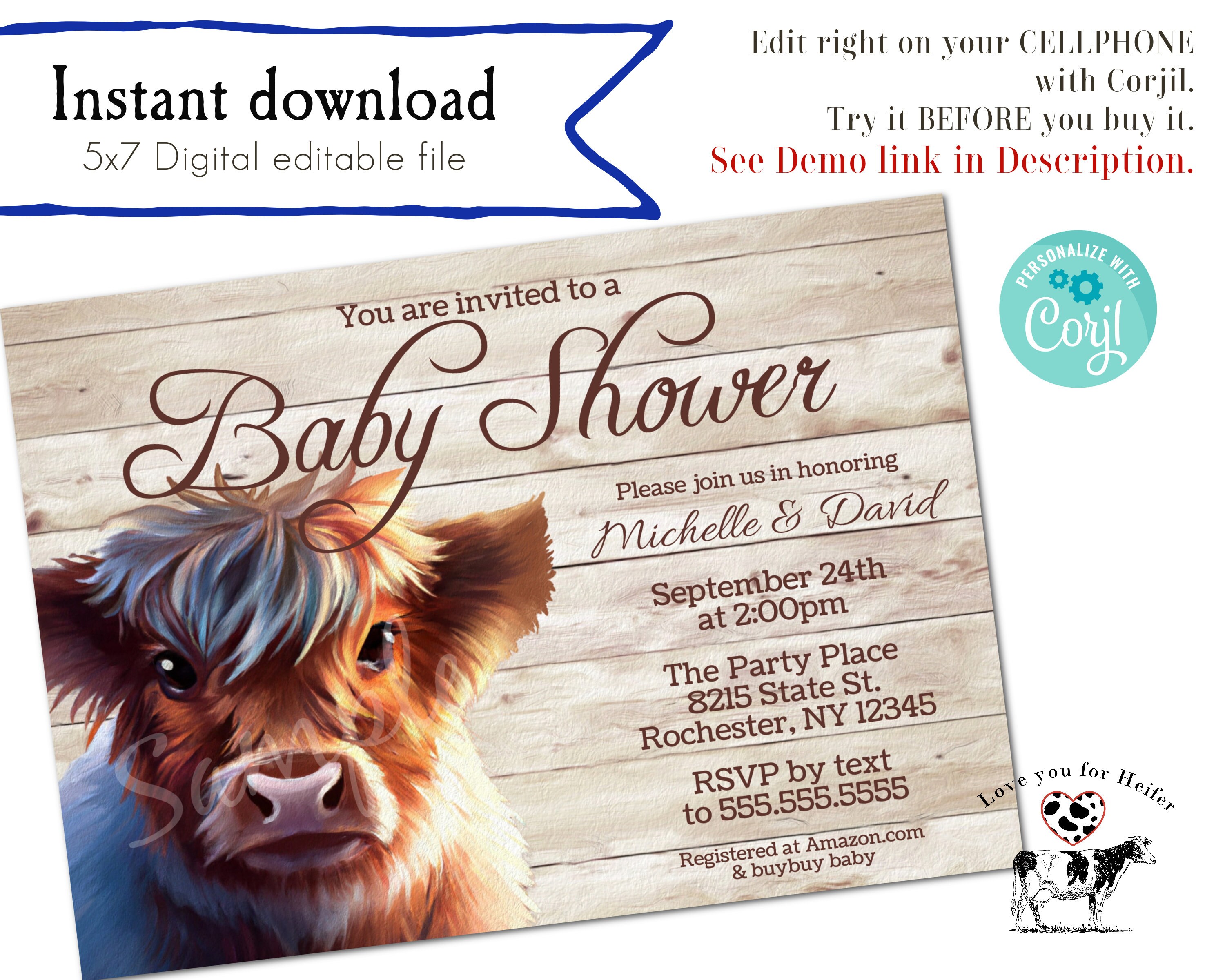 Highland Cow Baby Shower Invitation. Great for a Farm Baby Shower or ...