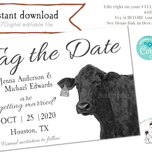 Angus Cow Tag the Date Save the Date Cow Wedding Invitation Farmhouse ...