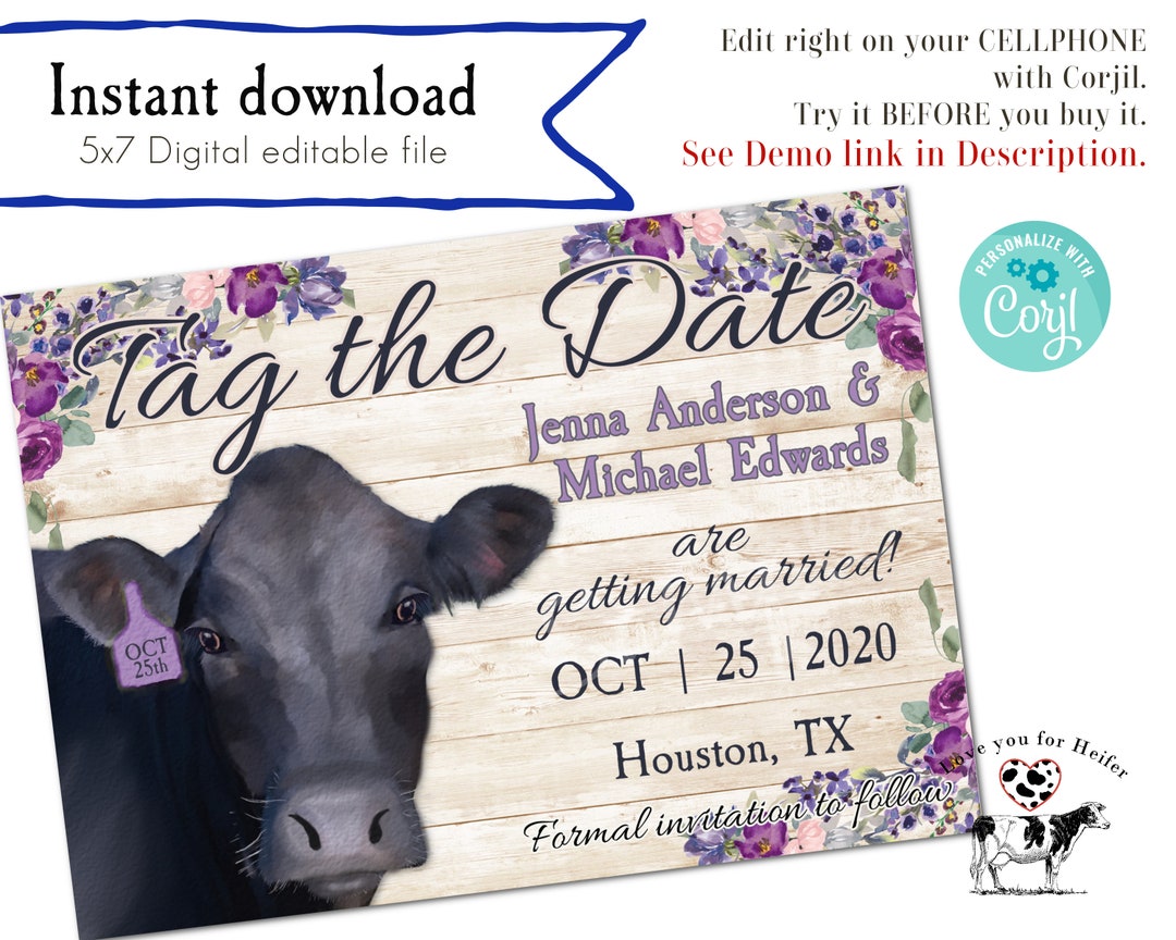 Purple Angus Cow Tag the Date Save the Date Cow Wedding Invitation ...