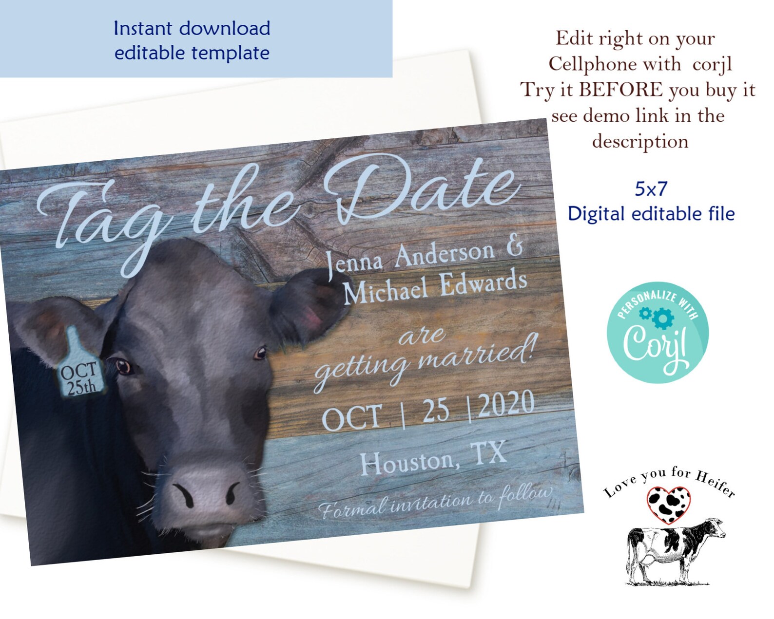 Black Angus Cow Tag the Date | Save the Date | Cow Wedding Invitation ...