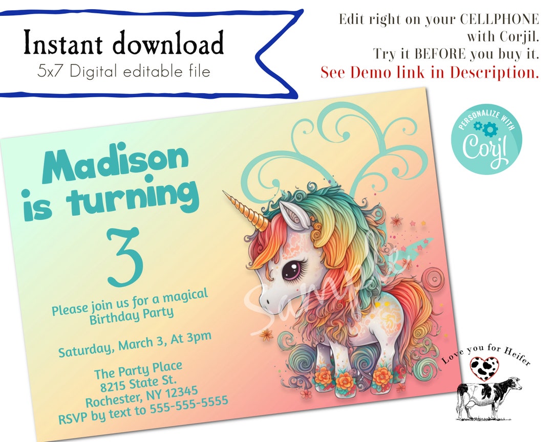 Rainbow Unicorn Invitation. A Cute Rainbow Unicorn Invite Template for ...