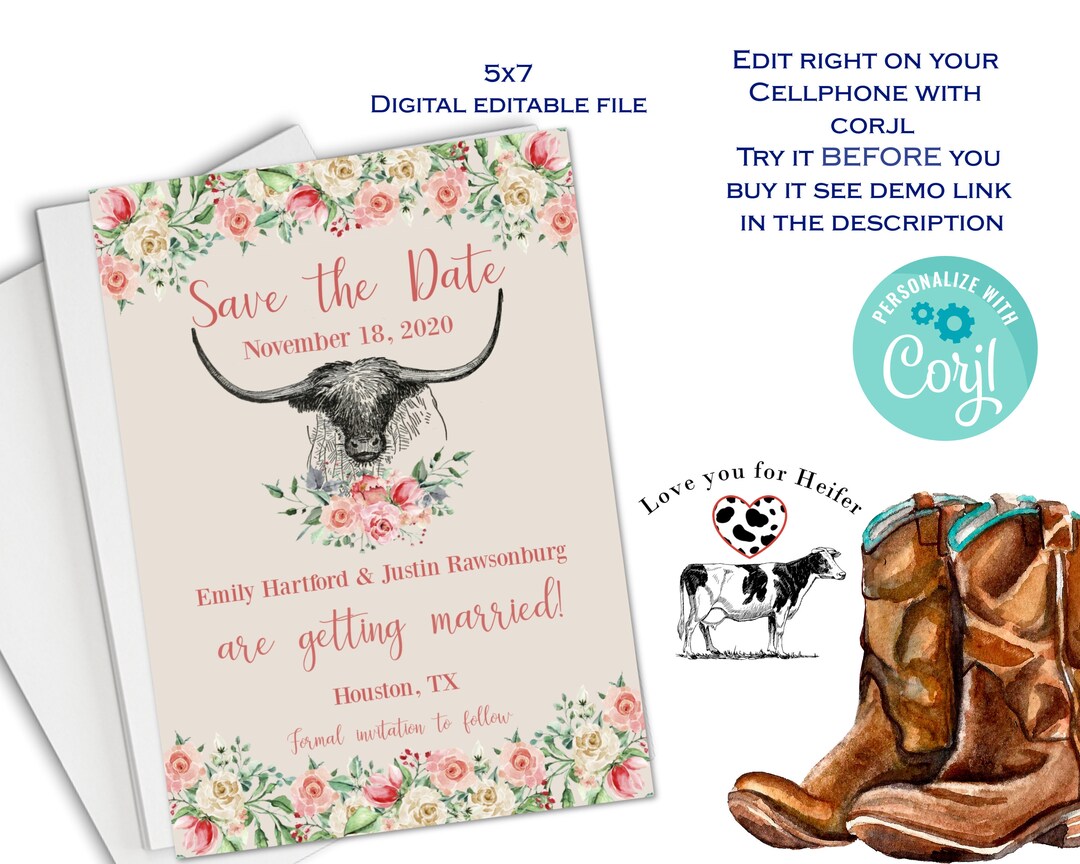 Highland Cow Wedding Invitation: a Digital Download Rustic Wedding ...