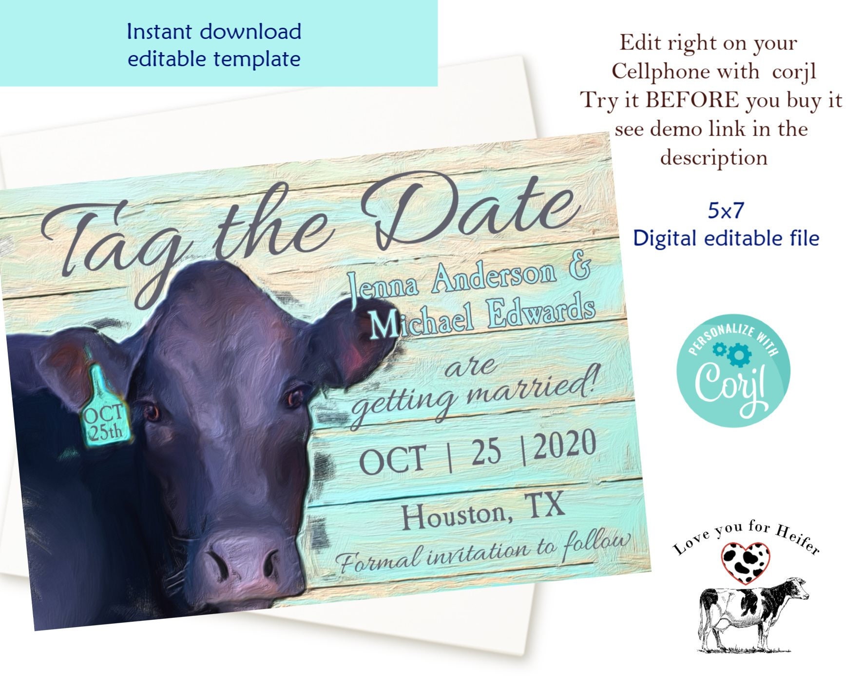 Rustic Wedding Ideas: Angus Cow Tag the Date in Mint. A Newly Engaged ...