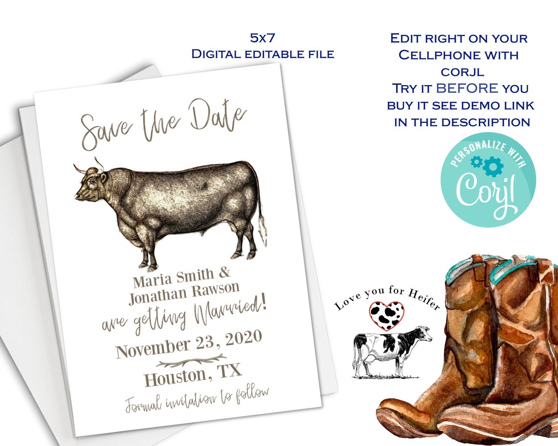 Bull Wedding Invitation: a Cowgirl Save the Date for the Engaged AF ...