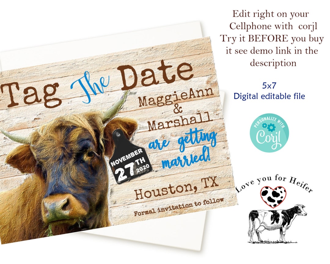 Cow Tag the Date | Cowboy Wedding Card | Cow Wedding Invitation ...