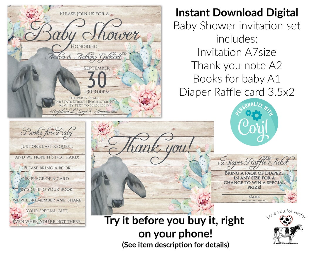 Brahma Bull Baby Shower Invitation Set. A Cute Farm Baby Shower Suite ...