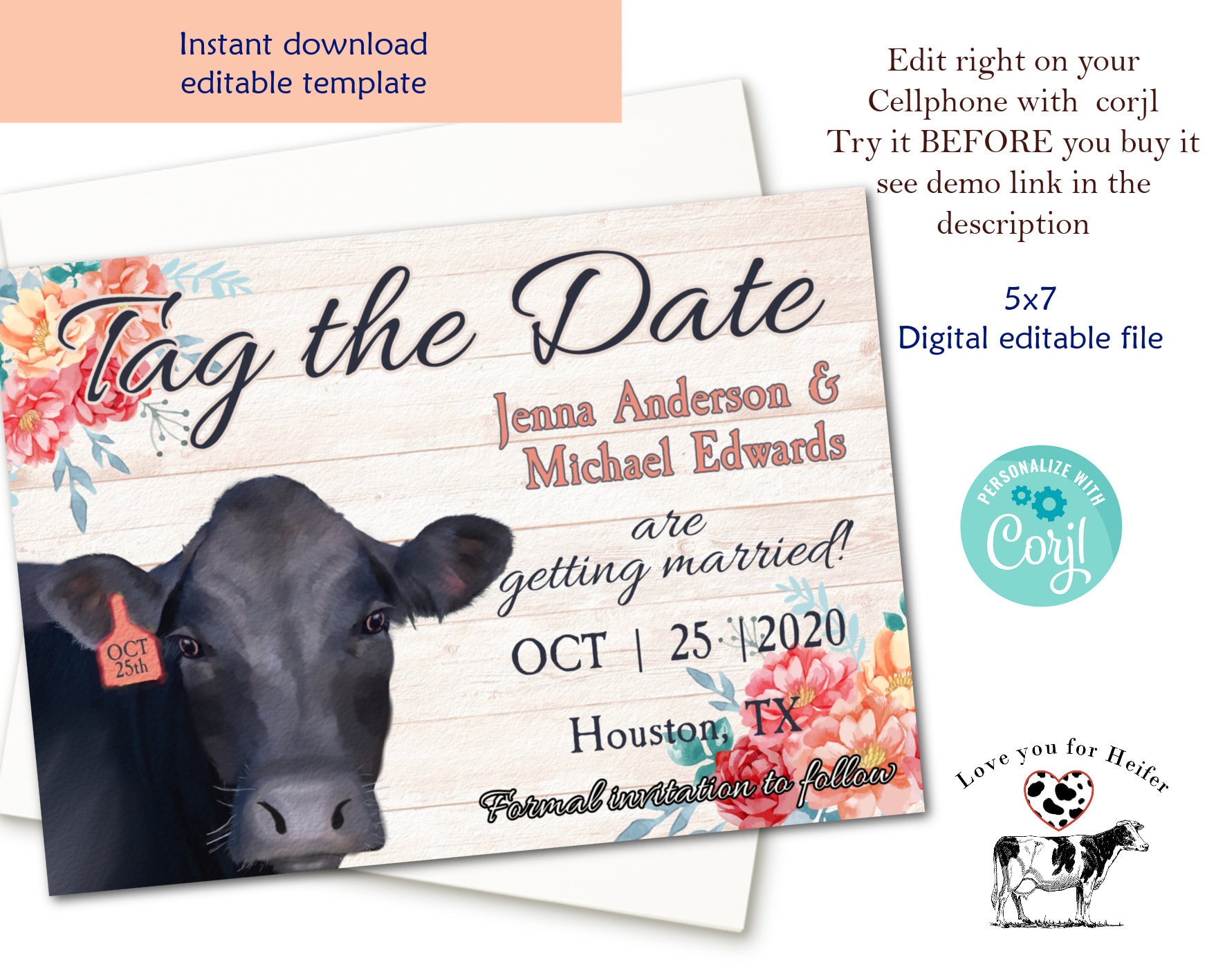 Peach Angus Cow Tag the Date | Save the Date | Cow Wedding Invitation ...