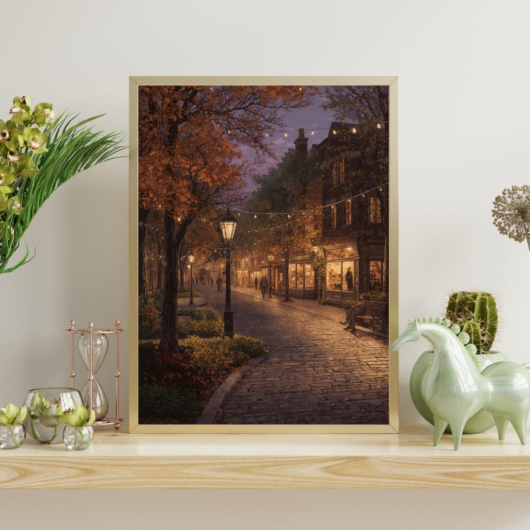 Autumn Evening Street Scene Wall Art | Vintage Town Painting Print ...
