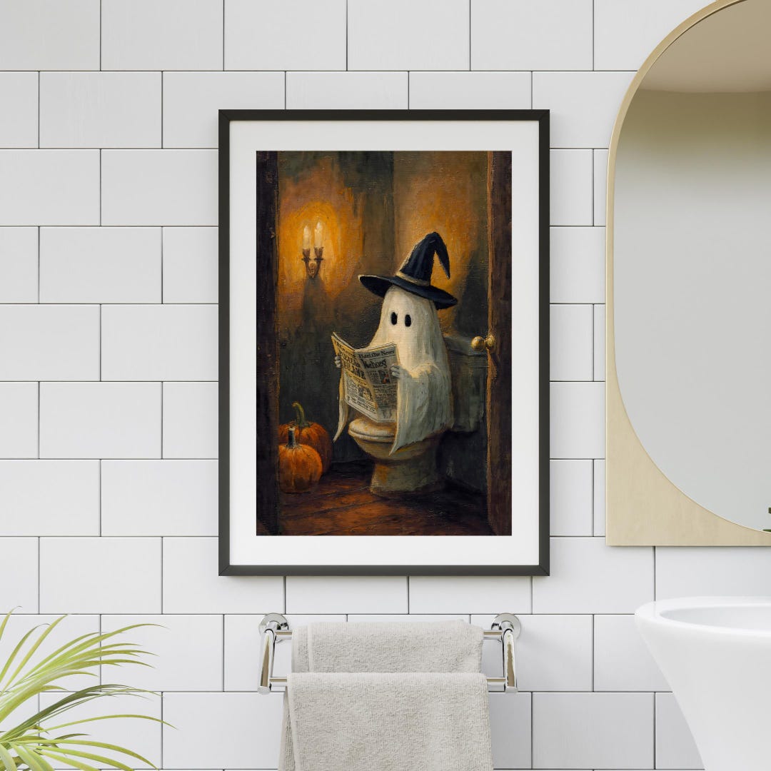 Funny Halloween Ghost on Toilet | Bathroom Wall Art Vintage Oil Style ...