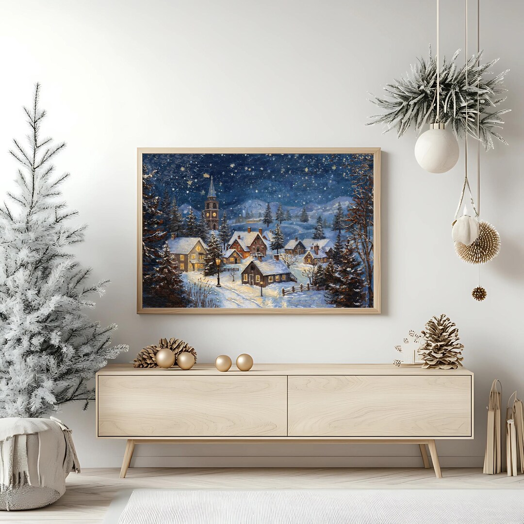 Cozy Winter Village Wall Art | Snowy Christmas Town Art Print | Holiday ...