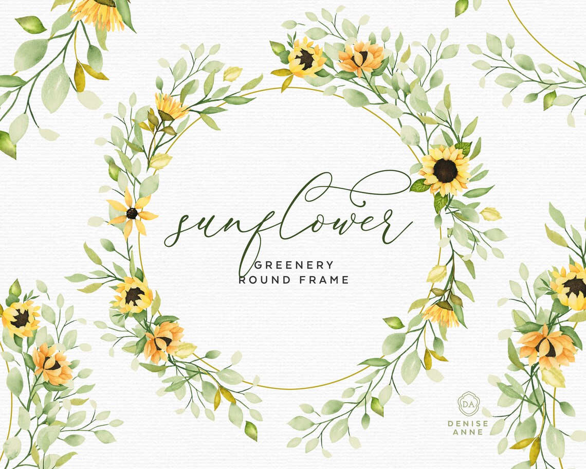 Sunflower Wreath Clipart Watercolor Flowers for Bright Fall and Summer ...