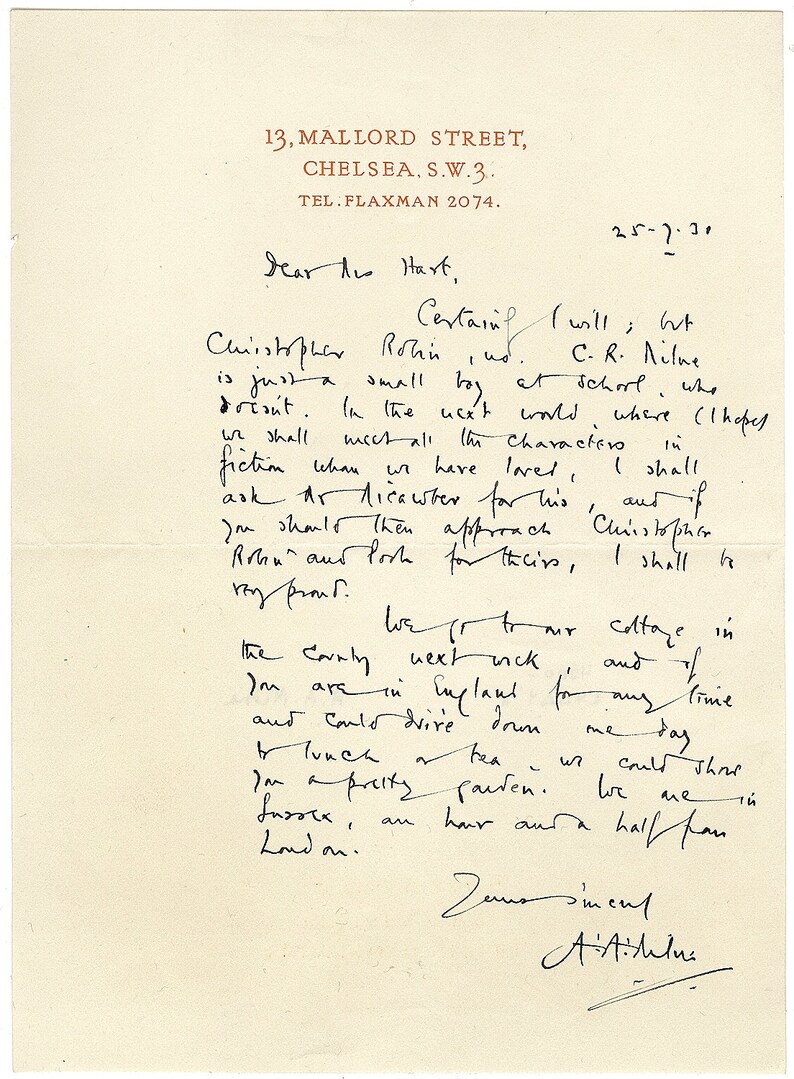 A. A. MILNE - A Fine Autograph Letter Signed Mentioning Christopher ...