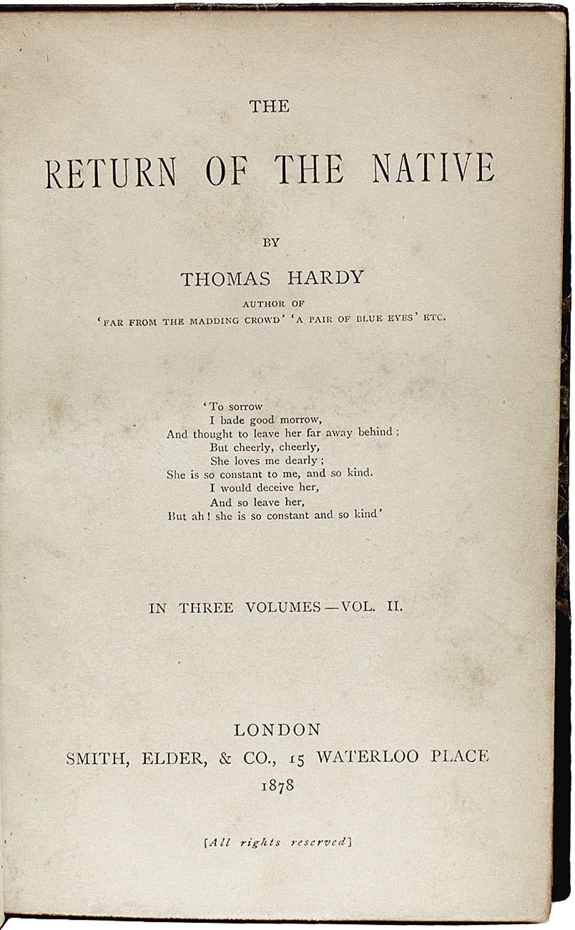 HARDY, Thomas. the Return of the Native. (3 Volumes - FIRST EDITION ...