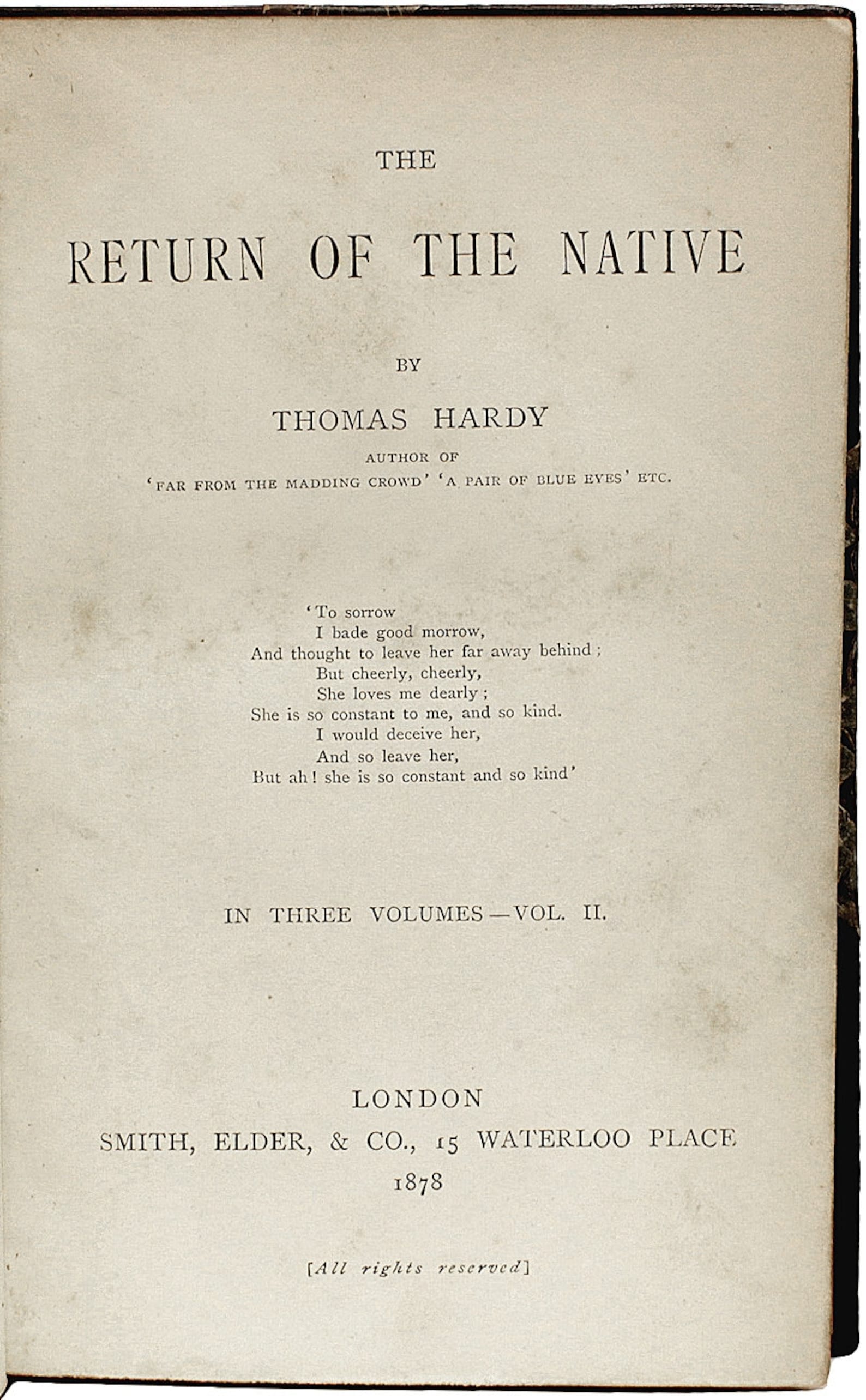 HARDY, Thomas. the Return of the Native. (3 Volumes - FIRST EDITION ...