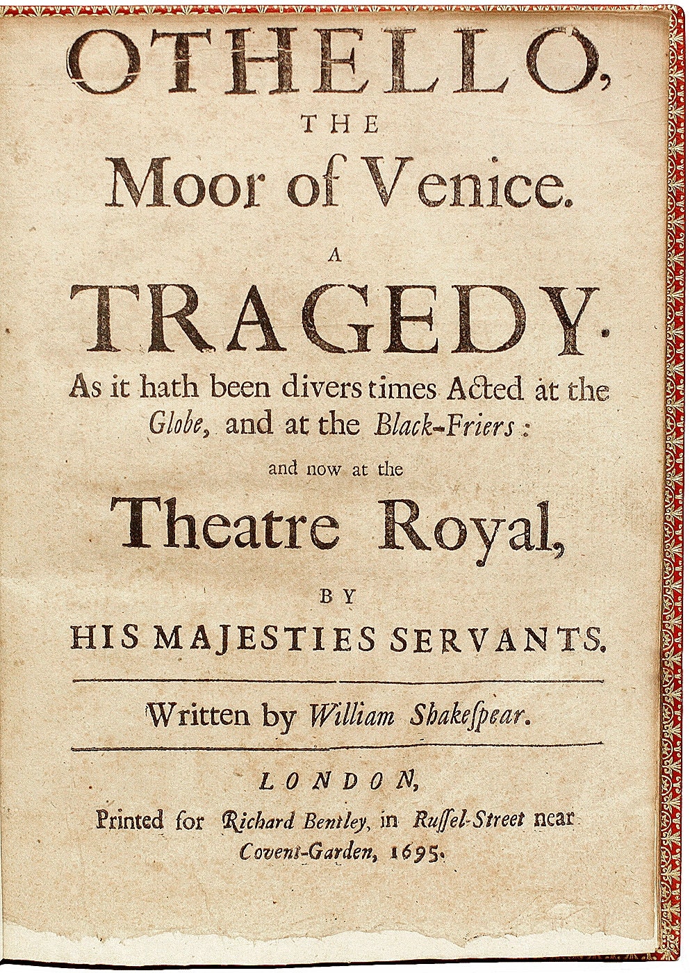 SHAKESPEARE, William. Othello, the Moor of Venice. A Tragedy. (1695 ...