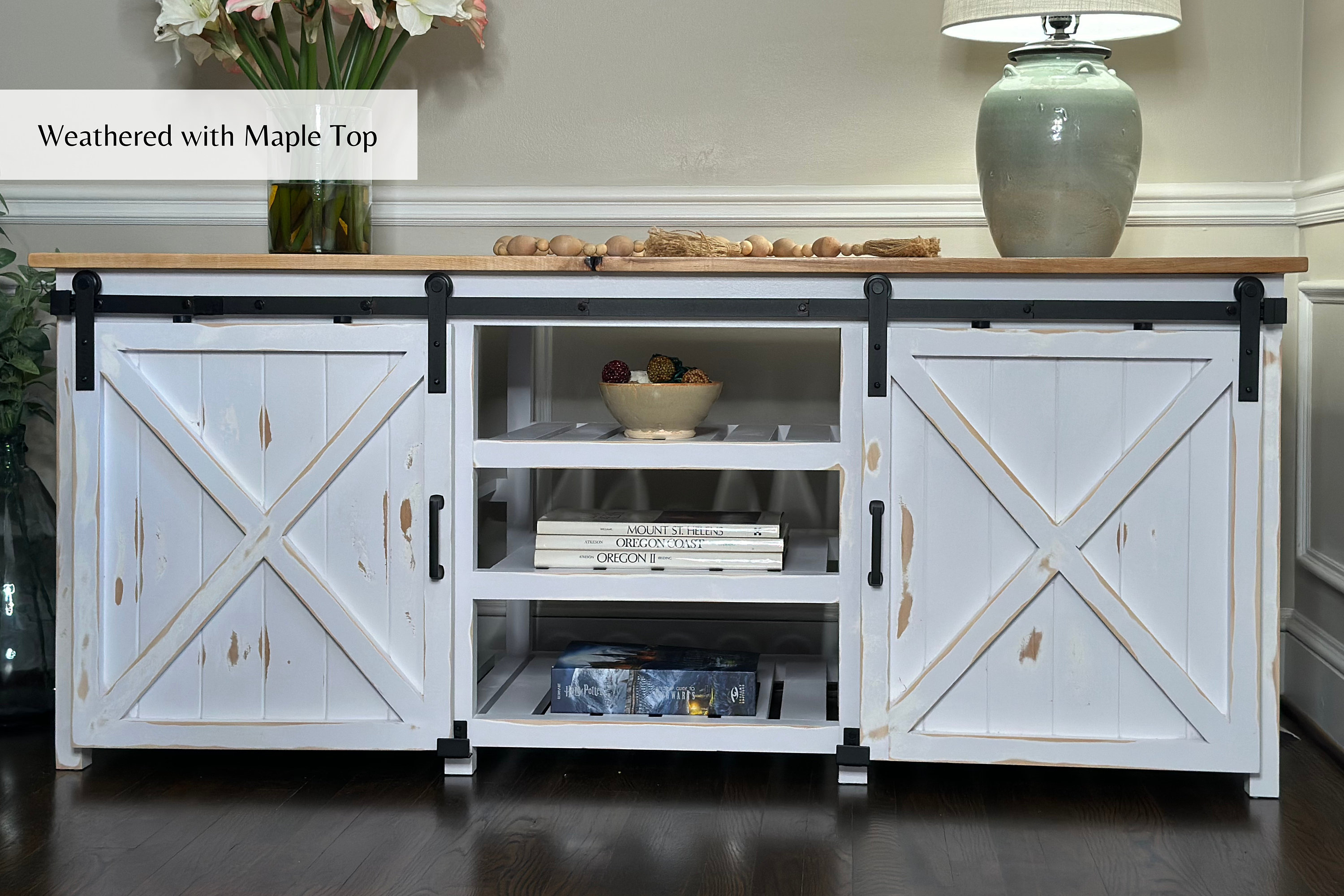Farmhouse Media Console Sliding Barn Doors Modren Rustic Console Table ...