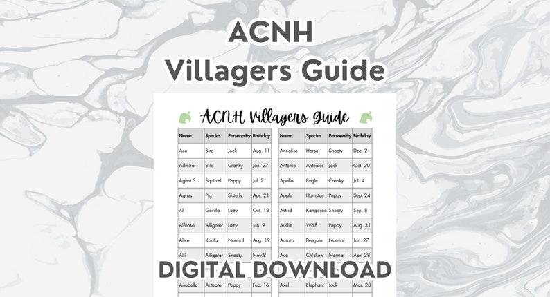 ACNH Villagers Guide - DIGITAL DOWNLOAD | Acnh Tracker, Acnh Checklist ...
