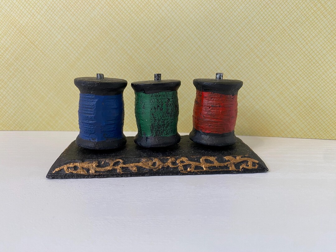 Vintage Cast Iron Spool Holder With 3 Cast Iron Spools of Thread, Red ...