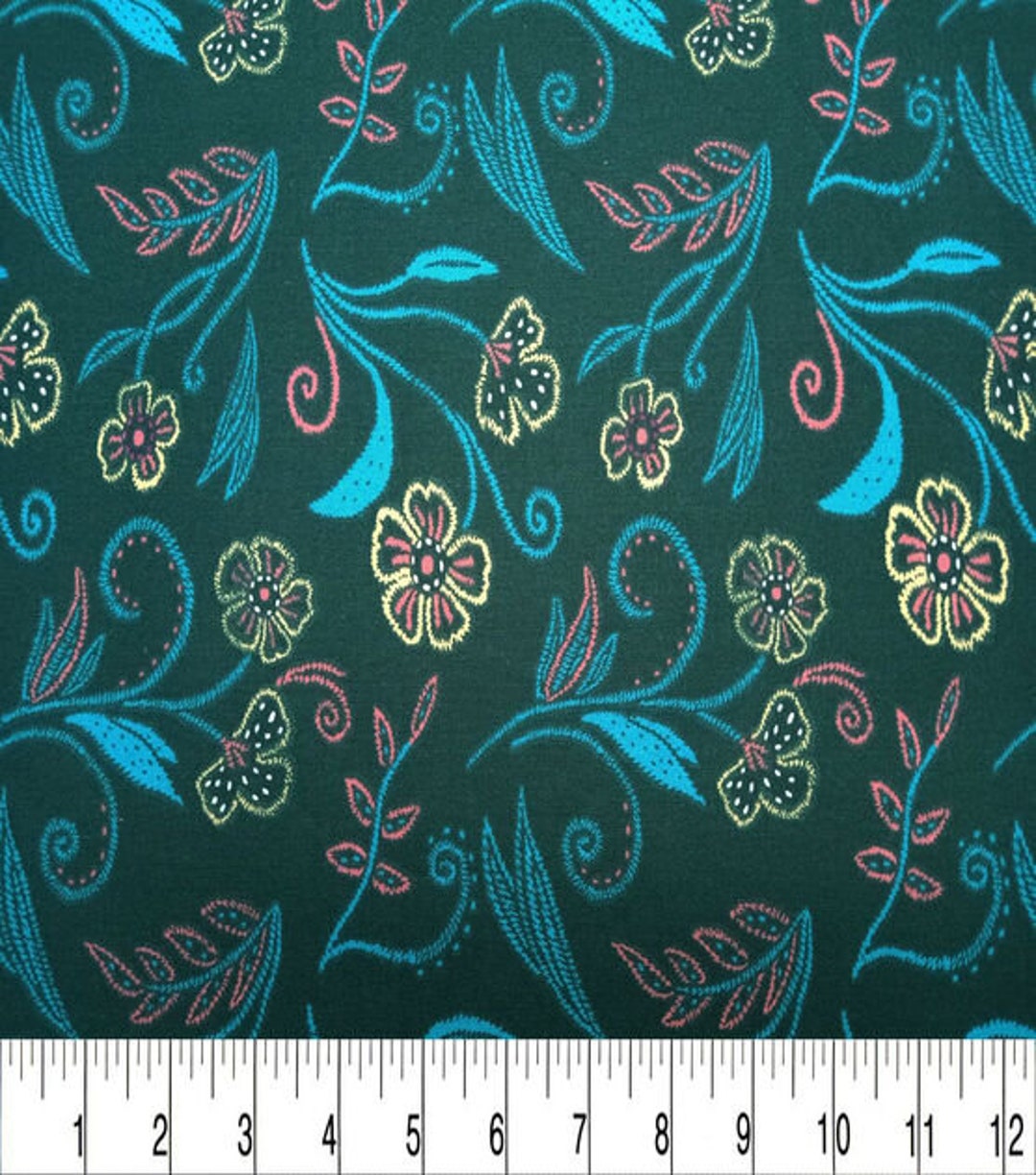 Teal Floral Fabric Embroidery Dark Teal Cotton Fabric Fat - Etsy
