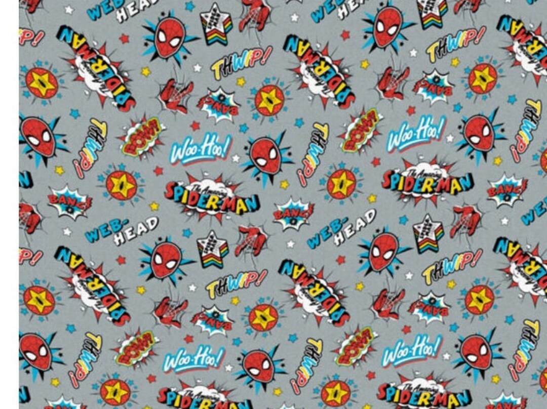 Spider-man Knit Cotton Fabric, Pow, Thwip, & Woohoo Fabric, Marvel ...