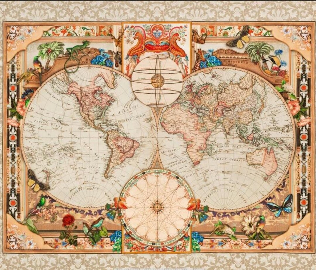 World Map Cotton Fabric Panel, Quilting Fabric, Robert Kaufman, 36" X ...