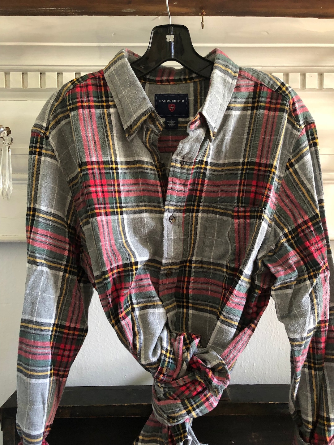 Rustic Tartan Christmas Flannel Shirt LARGE Cotton Grey Plaid Holiday ...