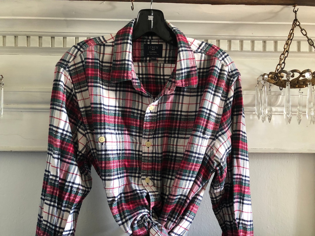 Christmas Flannel Shirt LARGE Traditional White Red Green Cotton Tartan ...