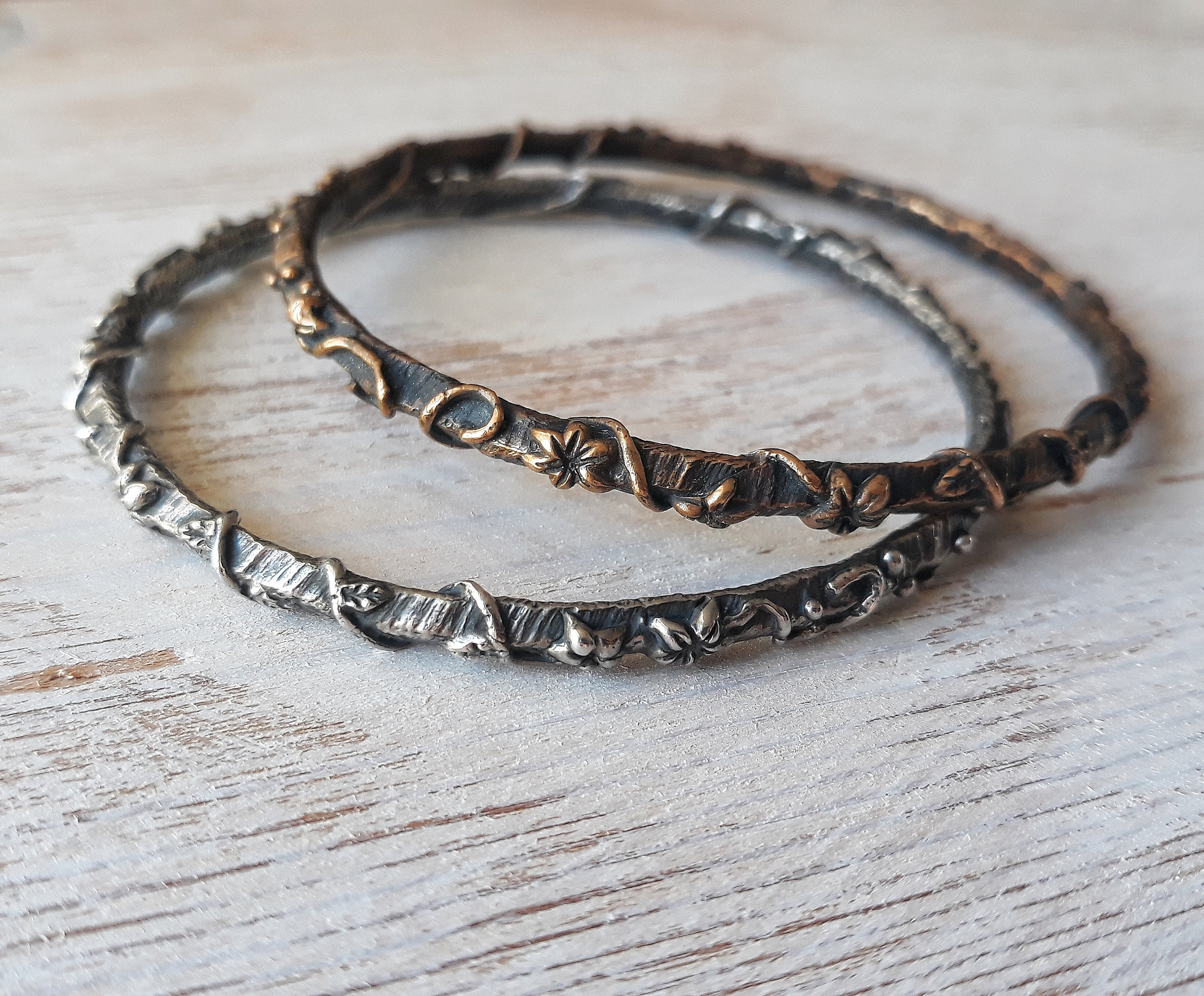 Rigid Floral and Overlapping Bracelets in Silver and Bronze, Bangle ...