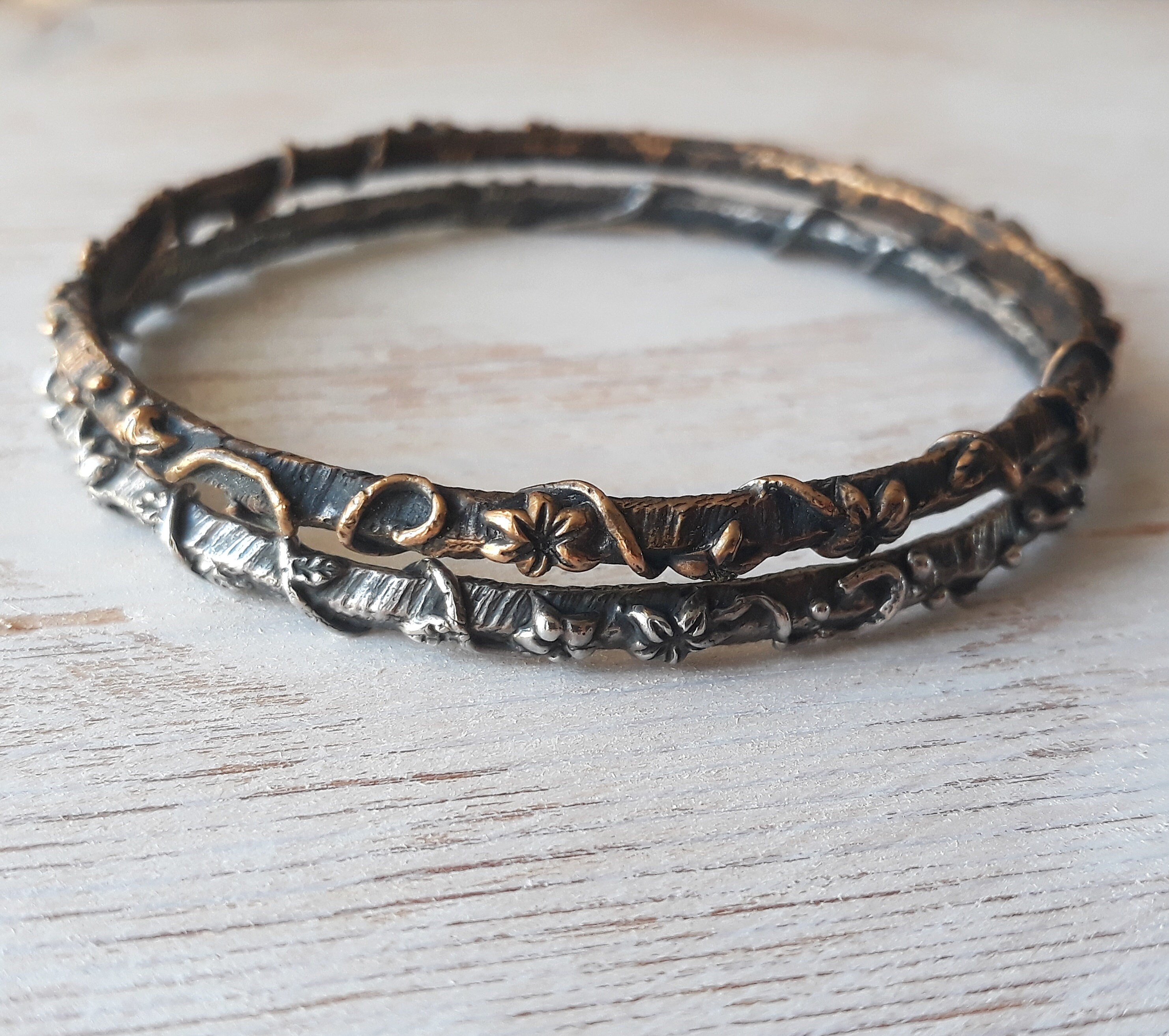Rigid Floral and Overlapping Bracelets in Silver and Bronze, Bangle ...
