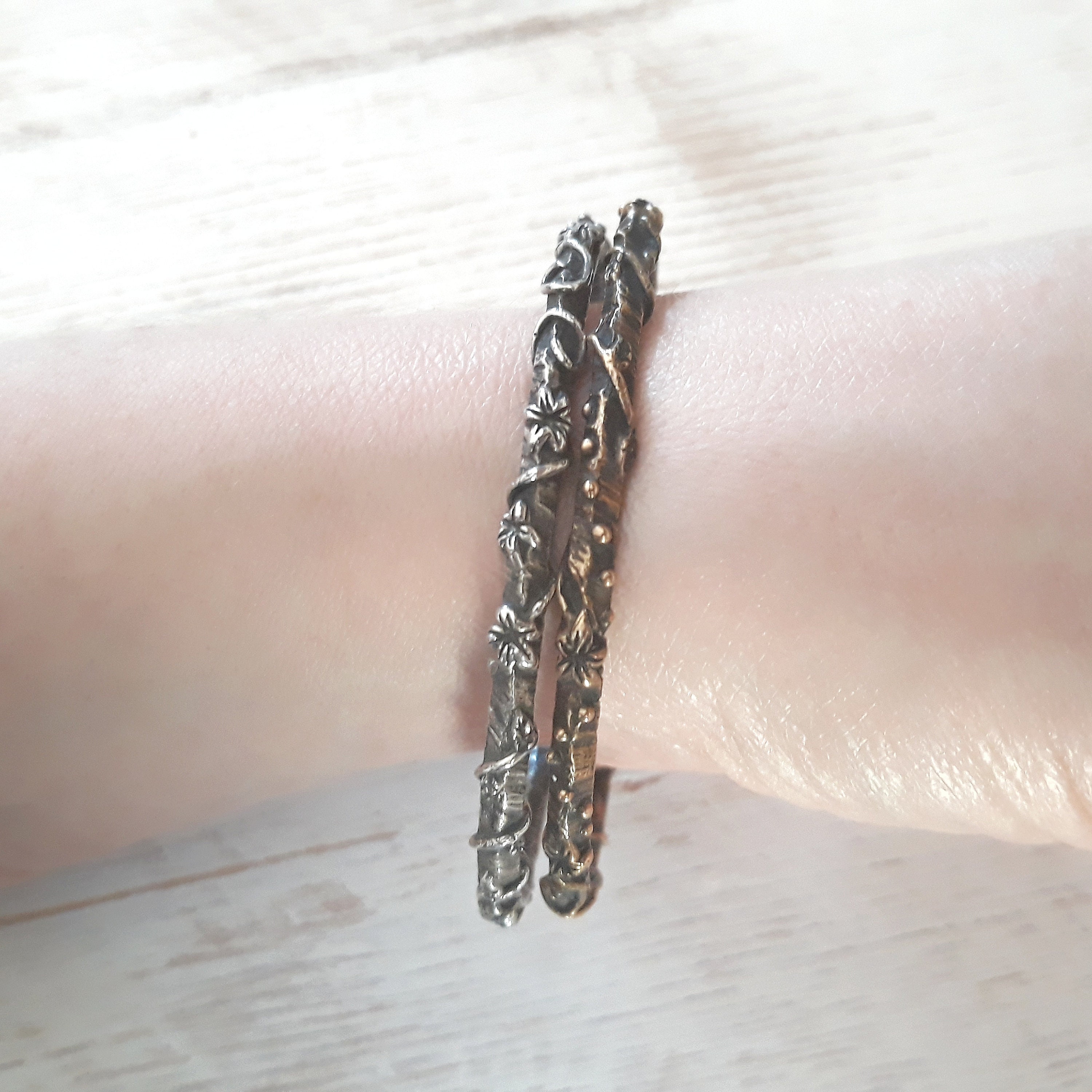 Rigid Floral and Overlapping Bracelets in Silver and Bronze, Bangle ...