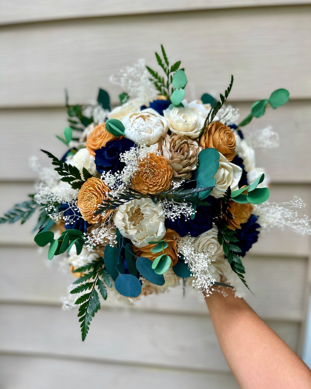 Fall Wedding Bouquet in Navy and Gold, Sola Wood Flowers - Etsy