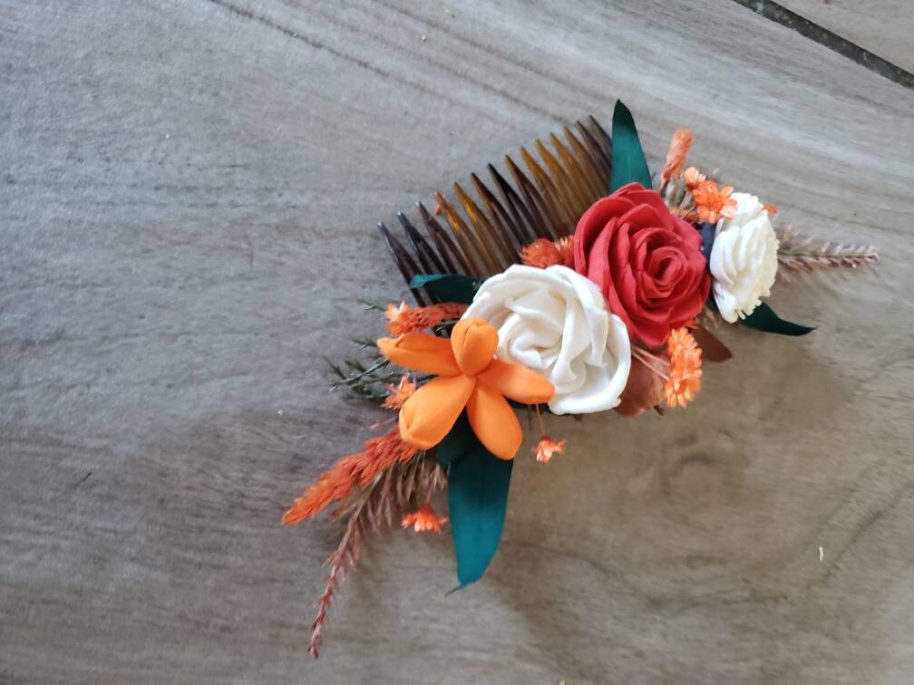 Shades of Orange and Pumpkin Floral Hair Comb Sola Wood - Etsy