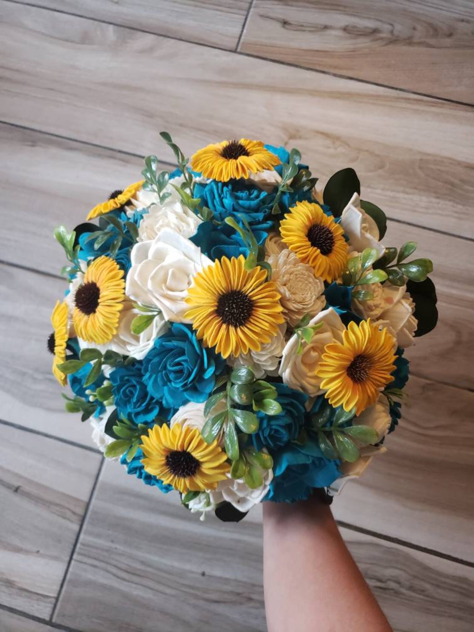 Turquoise and Yellow Sunflowers Wedding Bouquet Sola Wood - Etsy