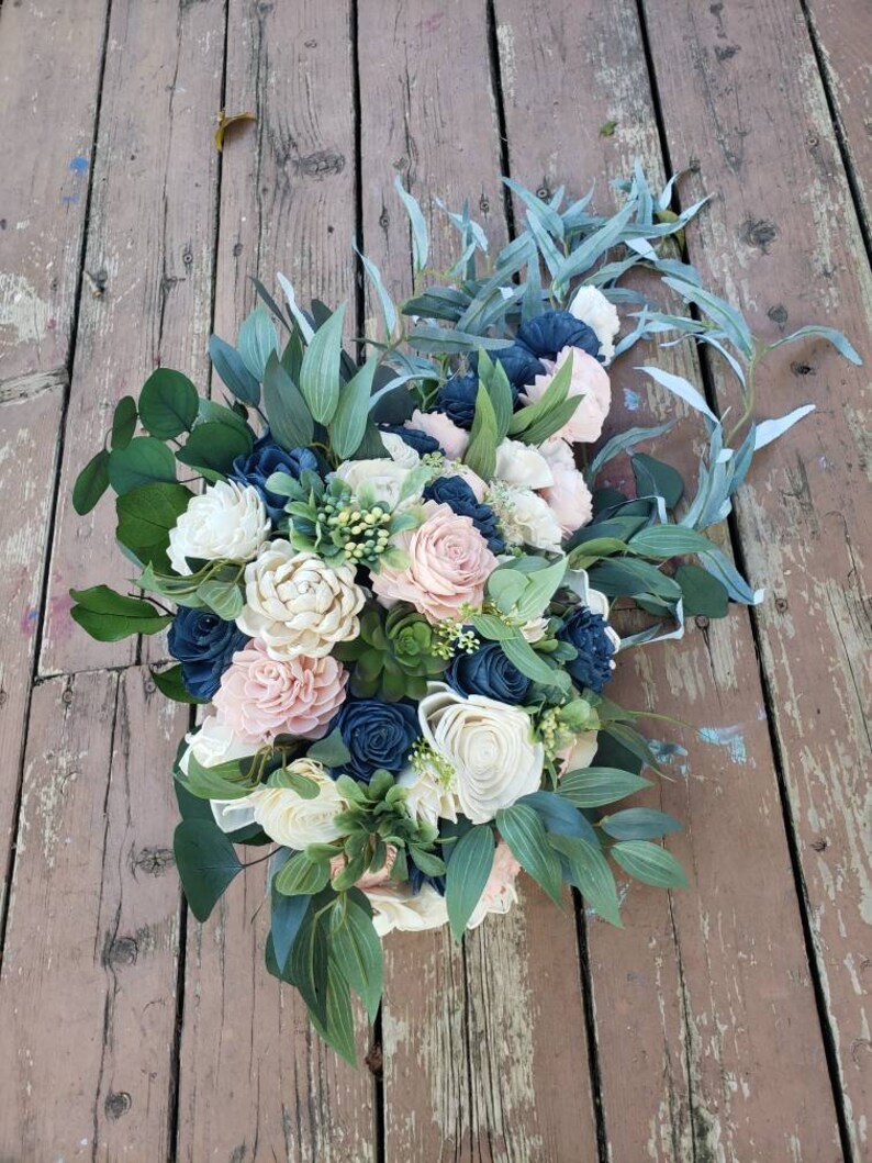 Steel Blue and Blush Cascading Bouquet Sola Wood Flowers - Etsy