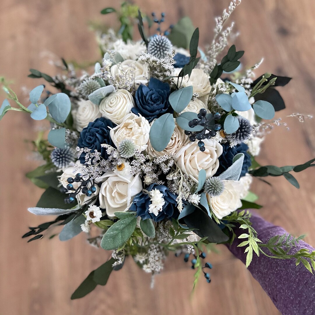 Steel Blue Wedding Bouquet, Sola Wood Flowers - Etsy