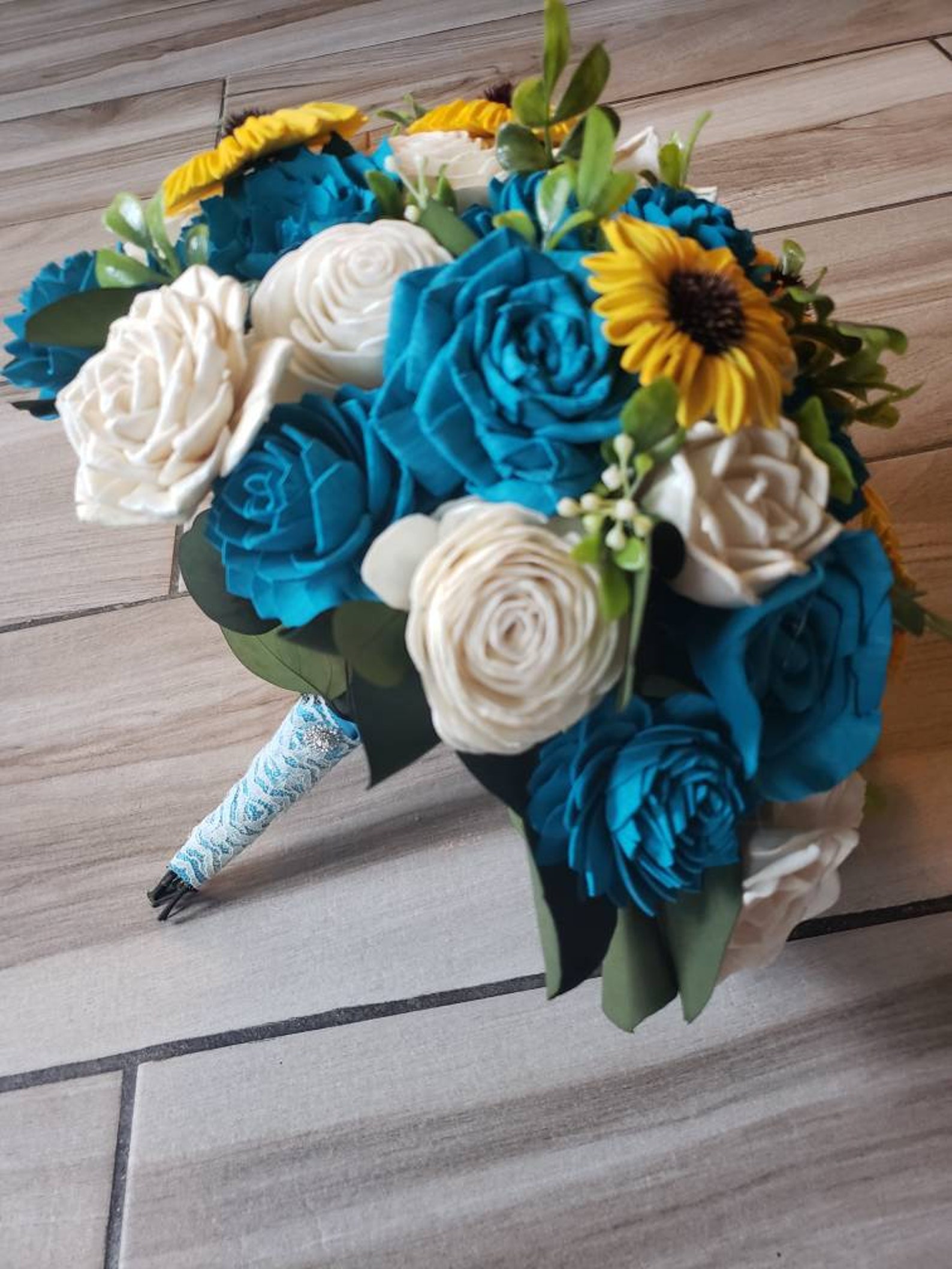 Turquoise and Yellow Sunflowers Wedding Bouquet Sola Wood - Etsy