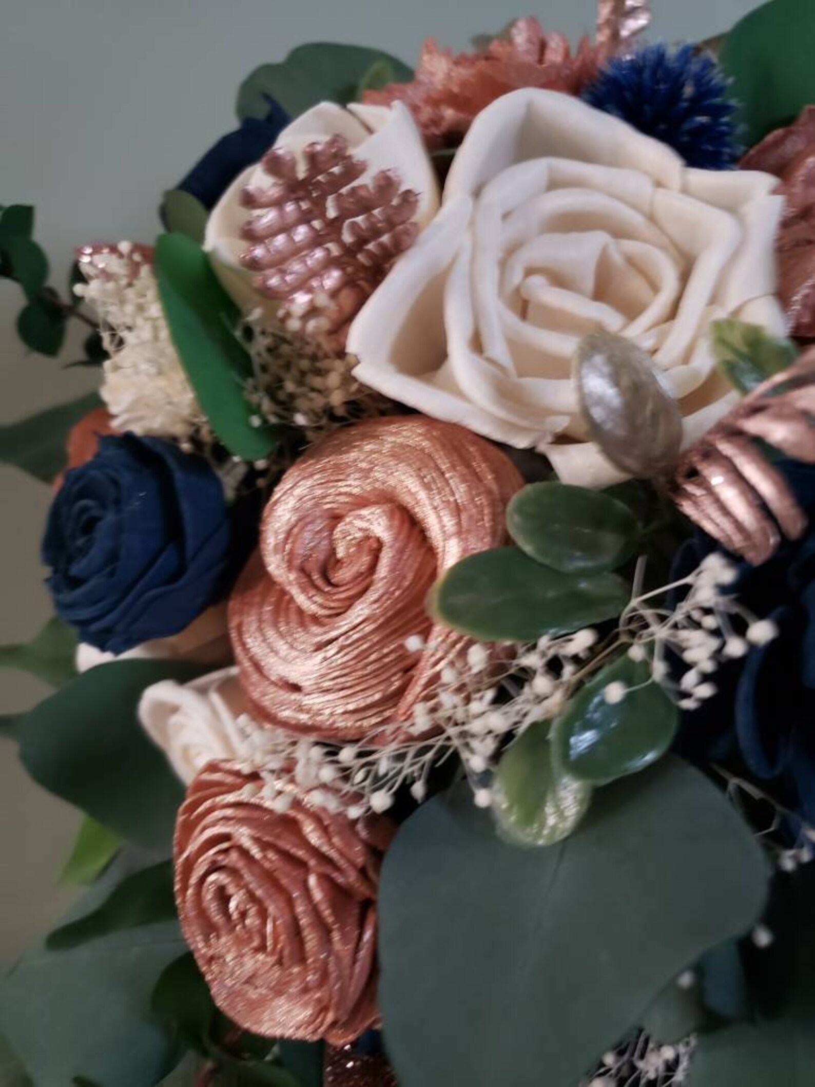 Rose Gold and Navy Blue Cascading Bouquet, Wedding Bouquet, Sola Wood ...