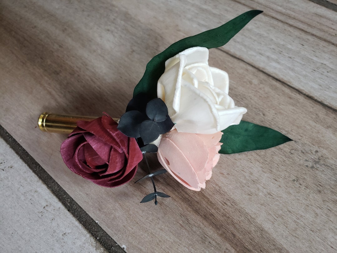 Bullet Casing Boutonniere, Pink and Burgundy Bullet Casing, Sola Wood ...