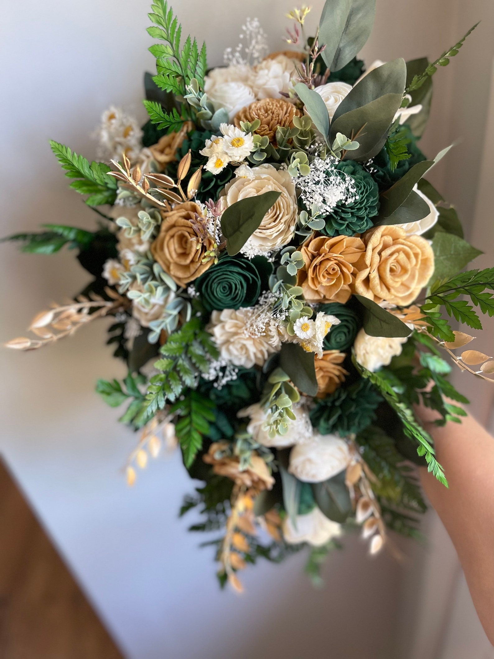 Emerald Green and Gold Wedding Bouquet | Sola Wood Flowers | Green ...