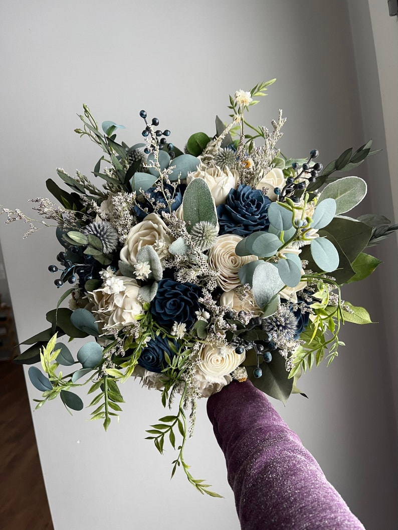 Steel Blue Wedding Bouquet, Sola Wood Flowers - Etsy