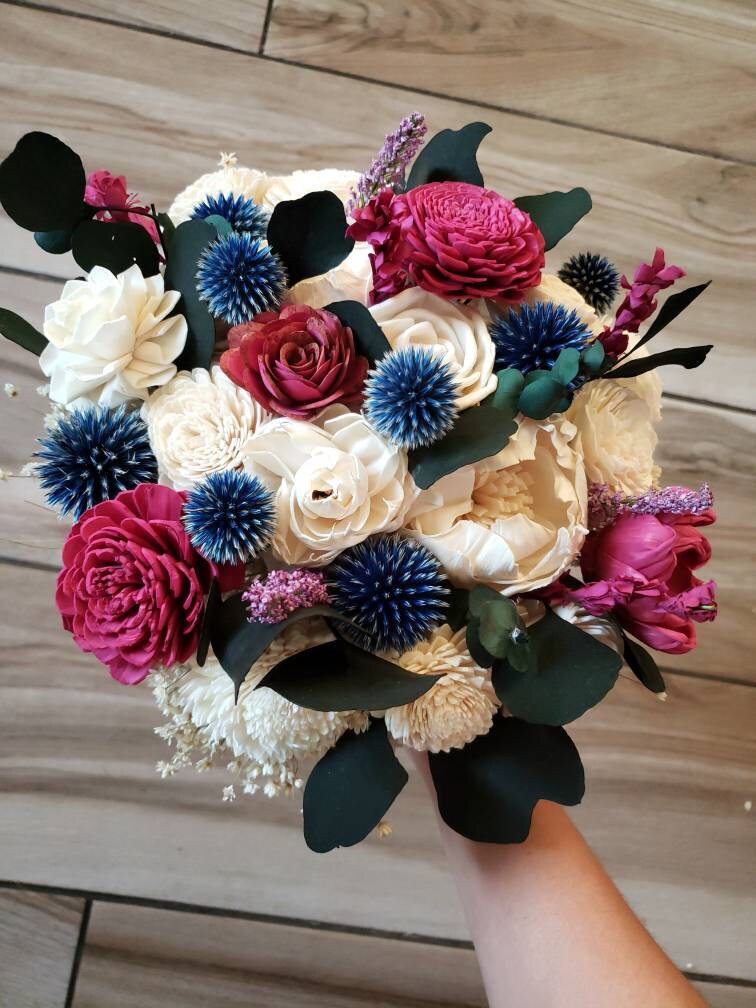 Fuschia and blue keepsake bouquet bridal bouquet sola wood | Etsy