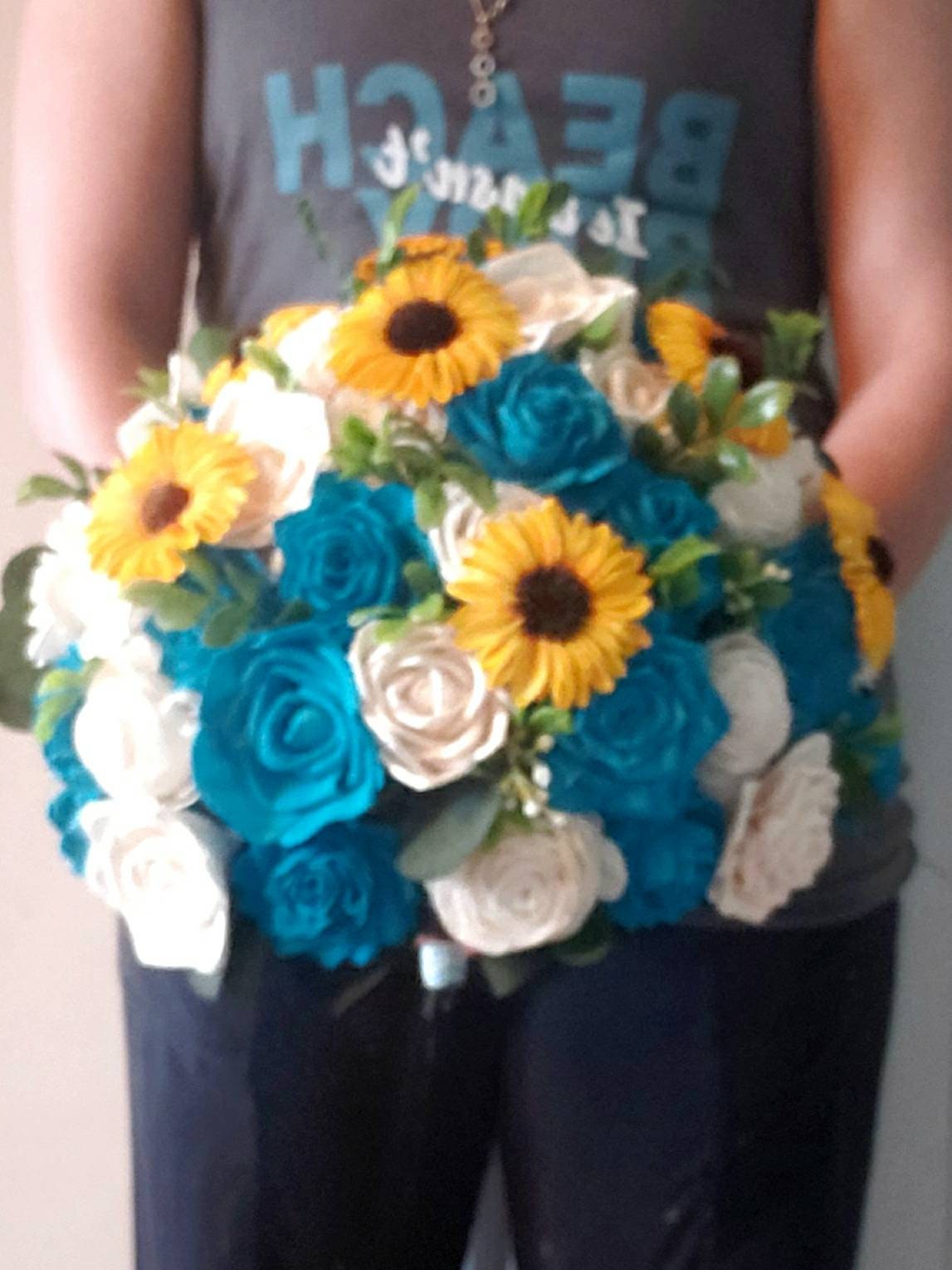 Turquoise and Yellow Sunflowers Wedding Bouquet Sola Wood | Etsy
