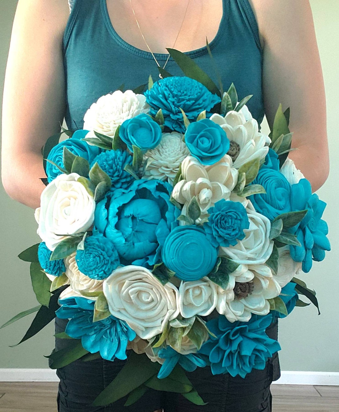 Turquoise Wedding Bouquet, Sola Wood Flowers, Turquoise and Ivory - Etsy