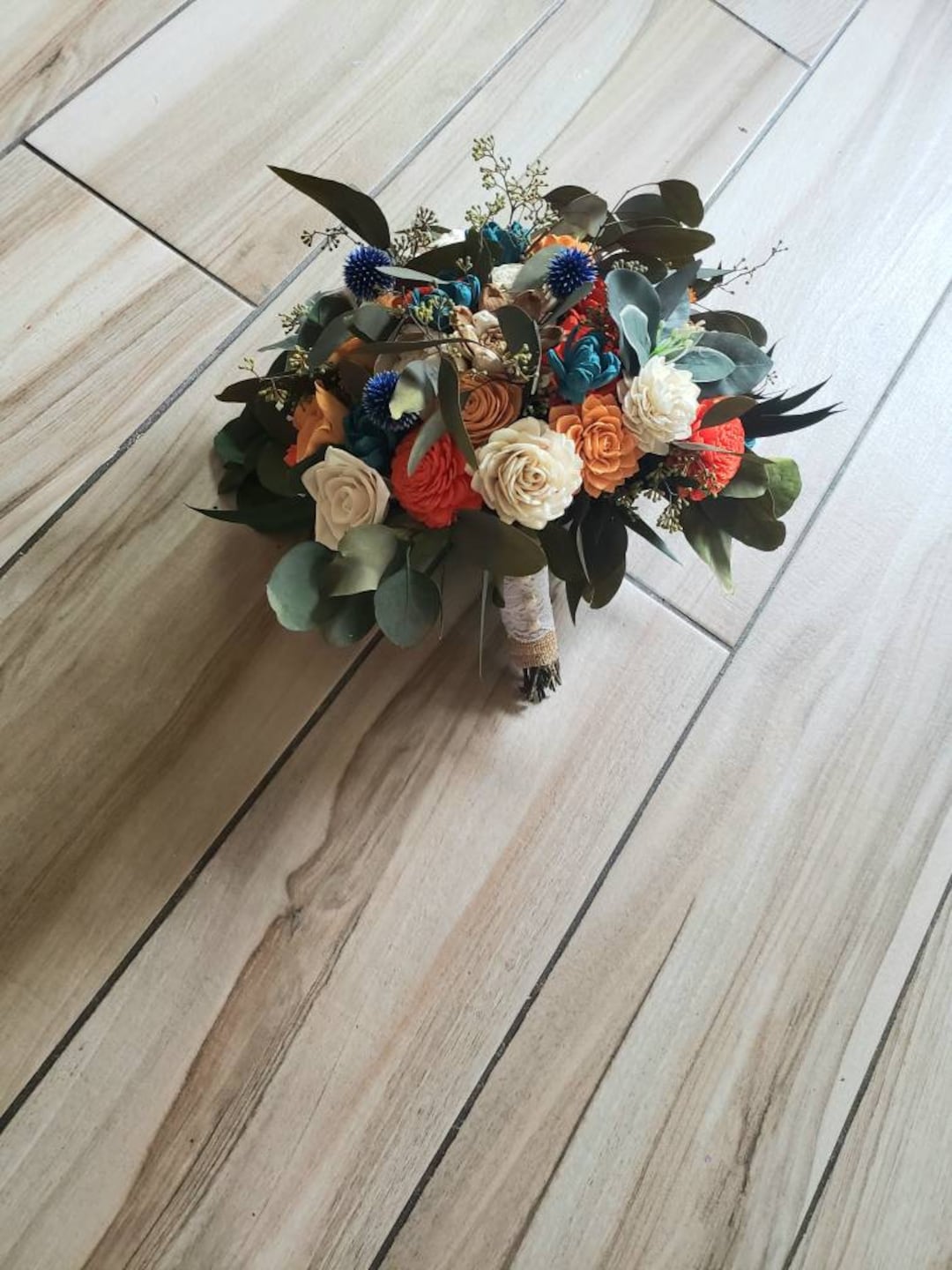 Teal Orange and Peach Wedding Bouquet, Sola Wood Flowers - Etsy